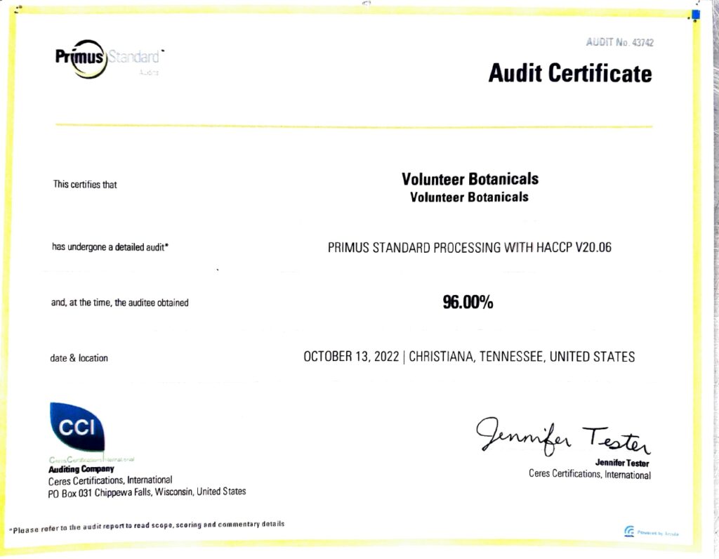 Certifications - Volunteer Botanicals